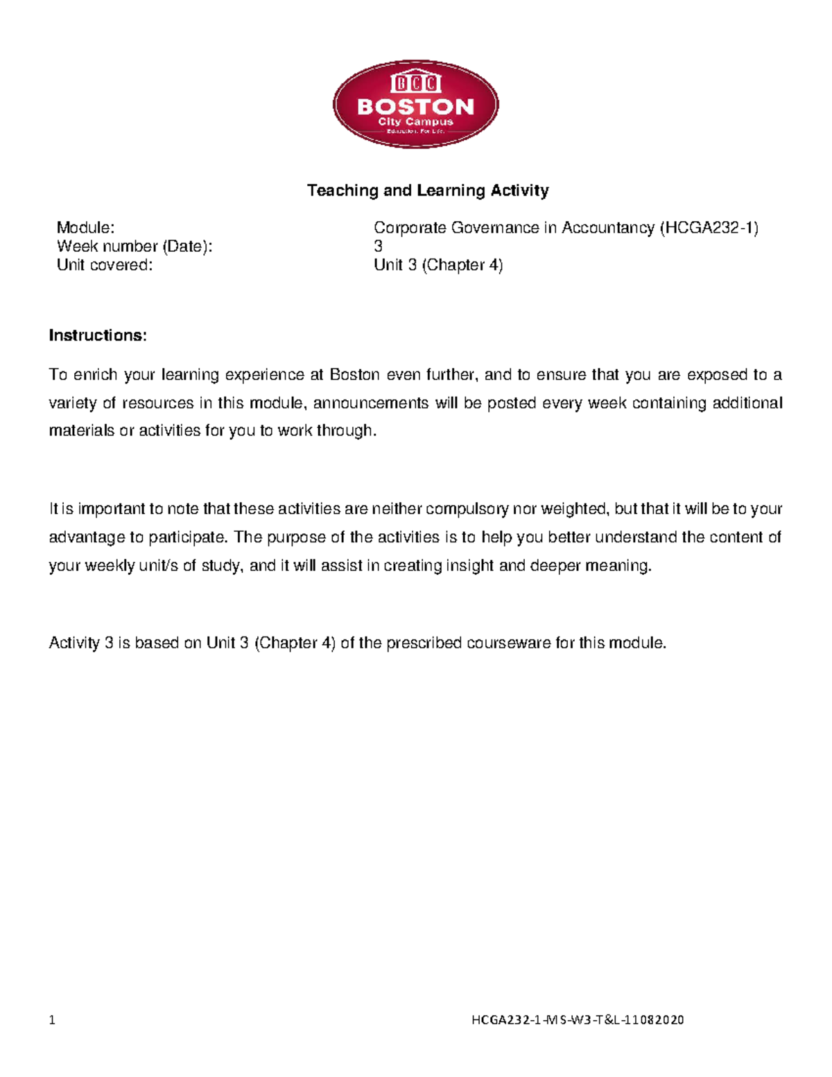 HCGA232-1 Teaching & Learning Activity: Unit 3 - Corporate Governance ...