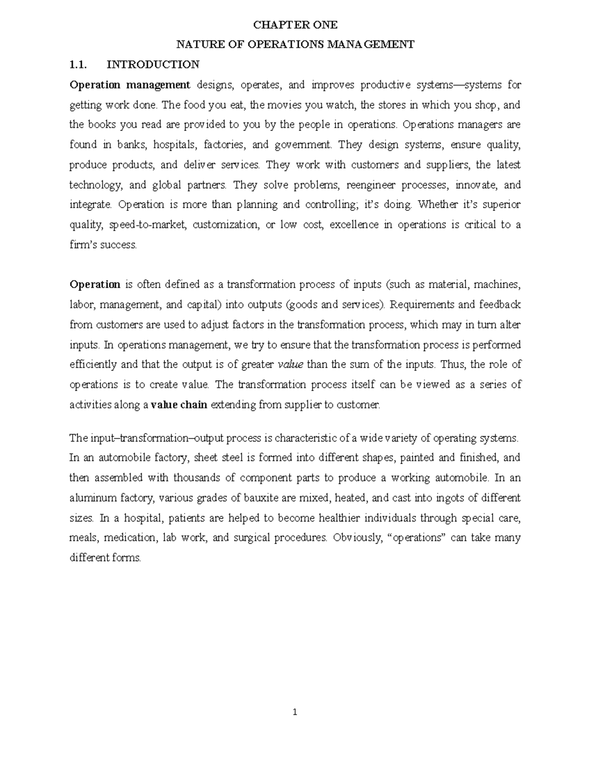OM- Chapter 1 - CHAPTER ONE NATURE OF OPERATIONS MANAGEMENT 1. INTRODUCTION Operation management ...