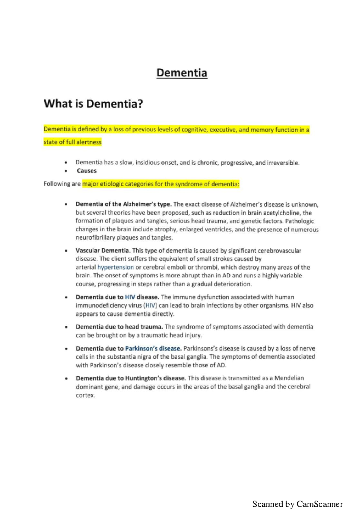 Dementia Overview - LECTURE NOTES for Course 101 - Studocu