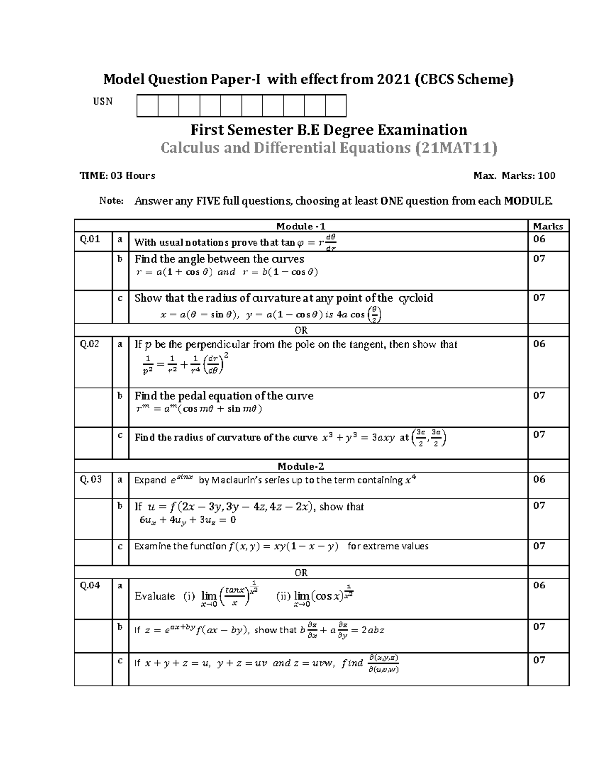 21MAT11set1 - Model question paper - Model Question Paper-I with effect ...
