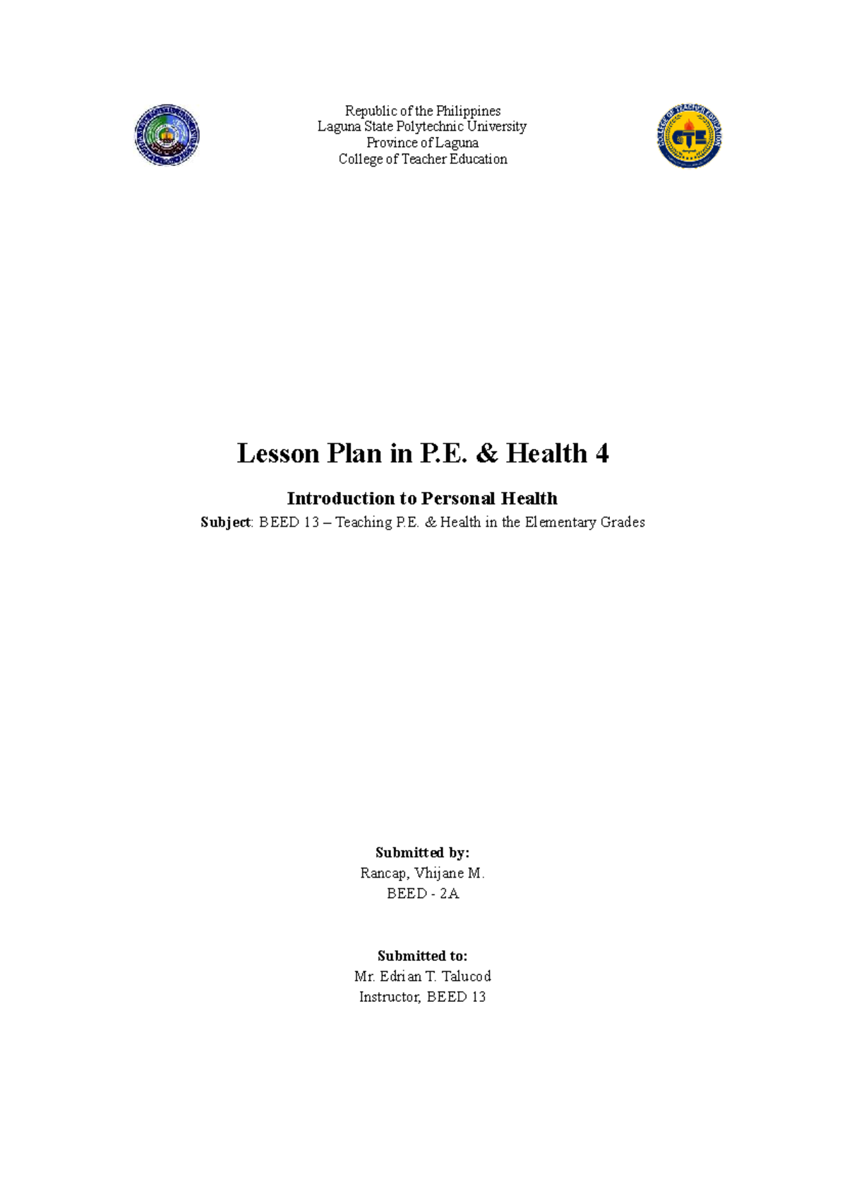 BEED 13 Lesson Plan: Introduction to Personal Health in P.E. Health 4 ...
