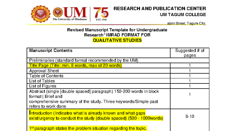 Revised Manuscript Template for Qualitative Studies (IMRAD) - Studocu