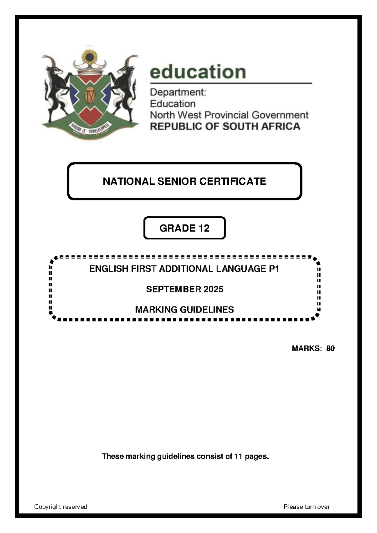 NSC English FAL P1 Marking Guidelines September 2025 - Studocu