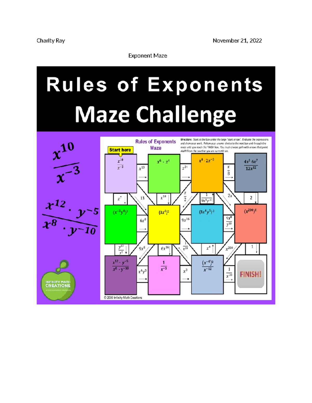 First Formative - This is an assignment - Charity Ray November 21, 2022 Exponent Maze Rules of ...