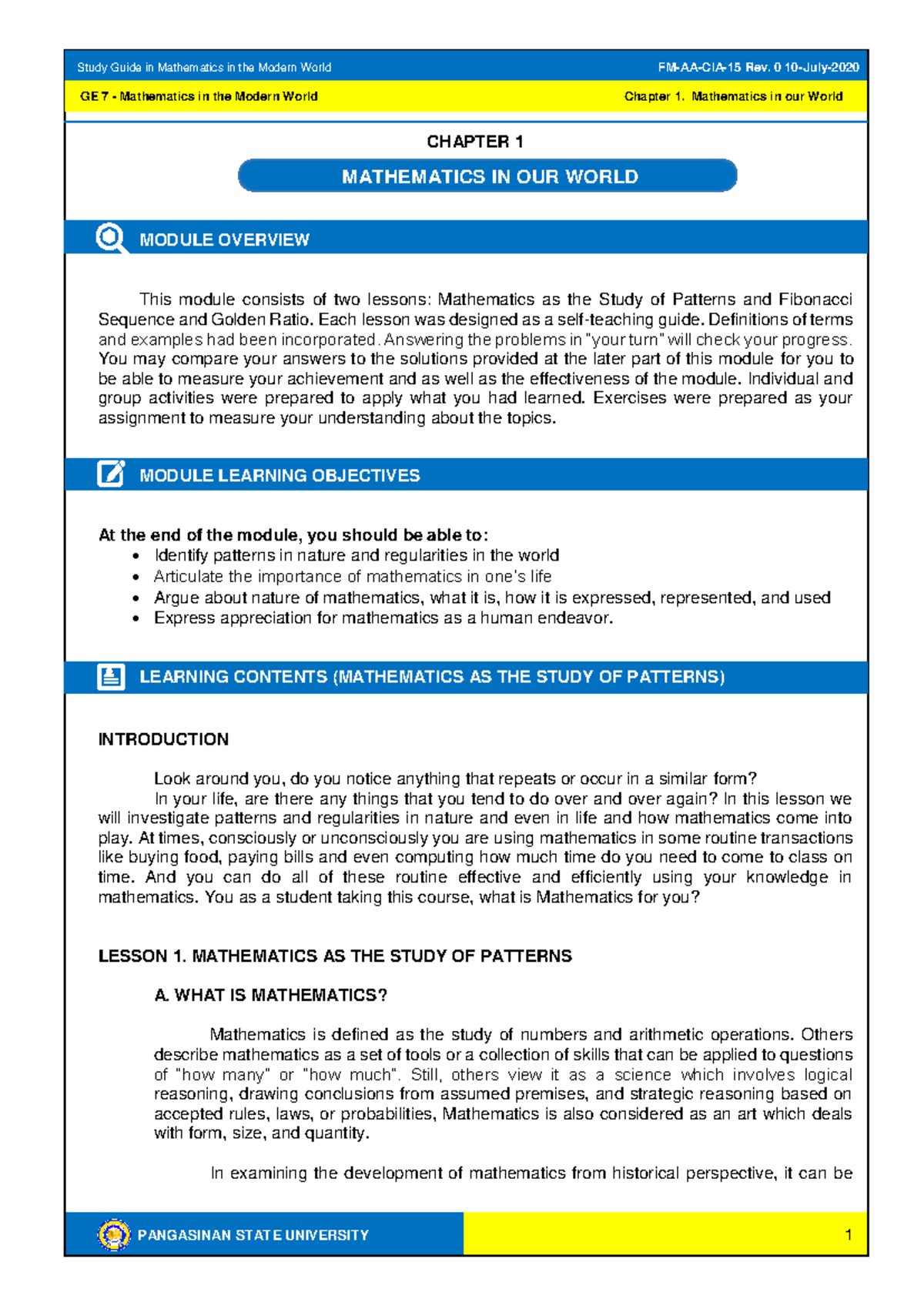 MMW - Ma'am Zen - PANGASINAN STATE UNIVERSITY GE 7 - Mathematics in the Modern World Chapter 1 ...