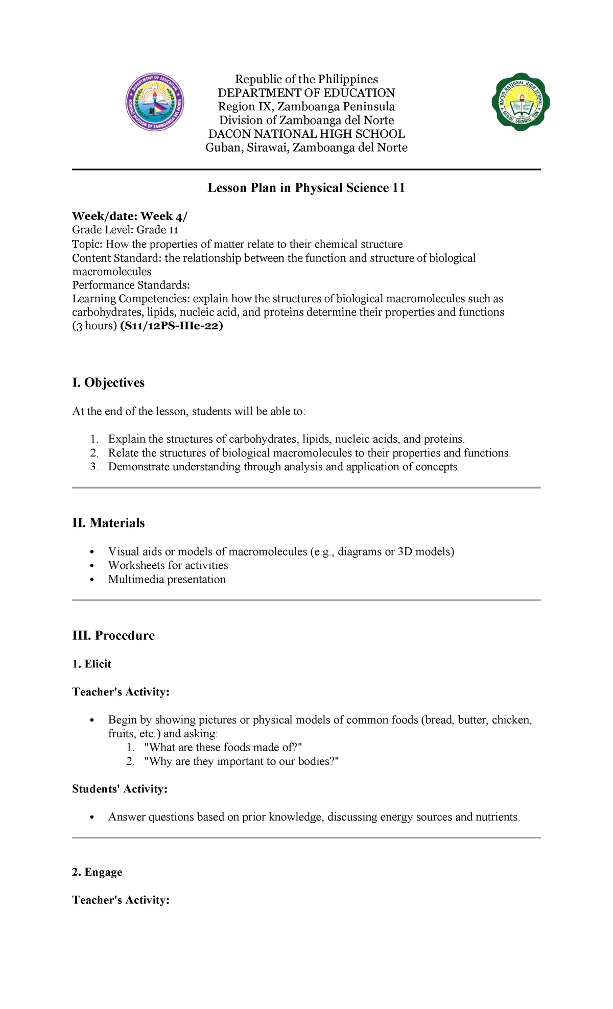 Grade 11 Physical Science Lesson Plan - Week 3 on Intermolecular Forces ...