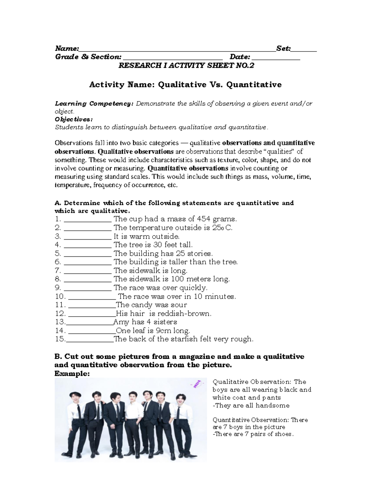 Activity Sheet 2: Qualitative vs. Quantitative Observations - Studocu