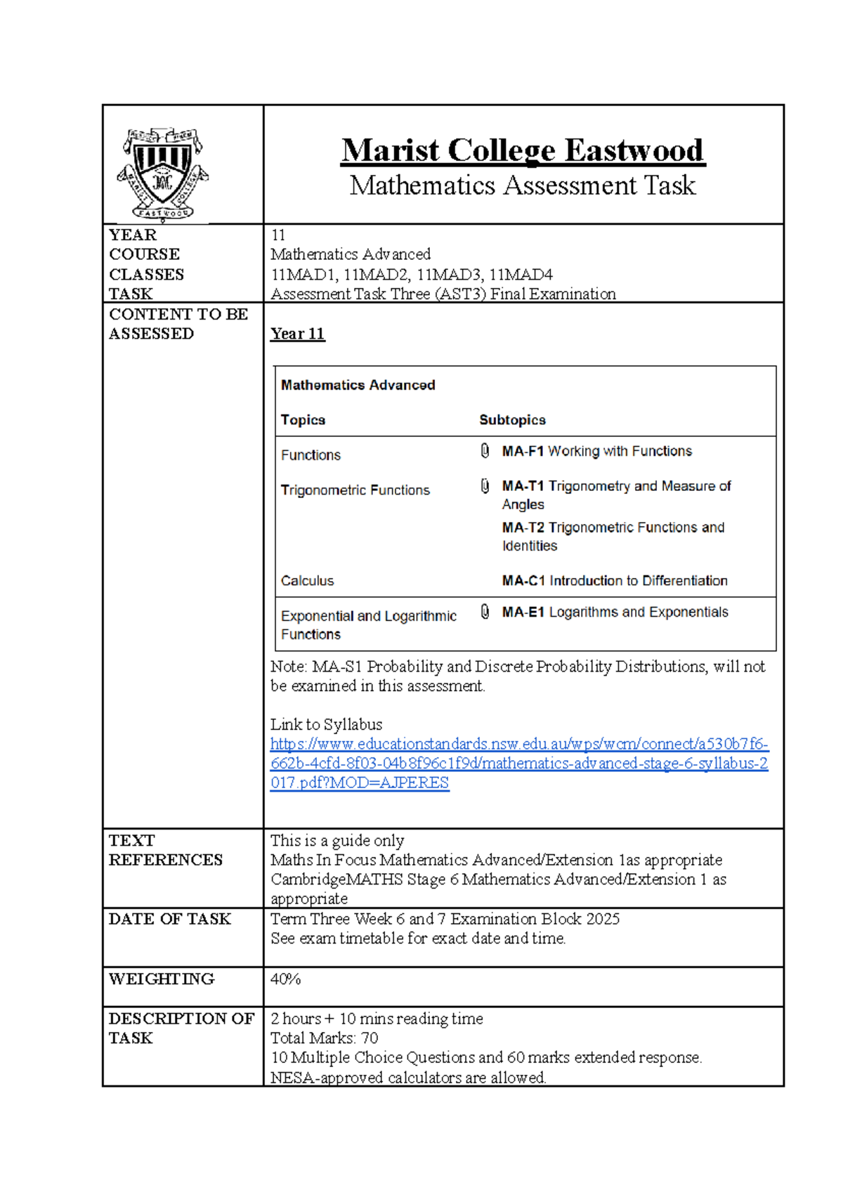 2025 11MAD Final Exam Notification for Maths Advanced AST3 - Studocu