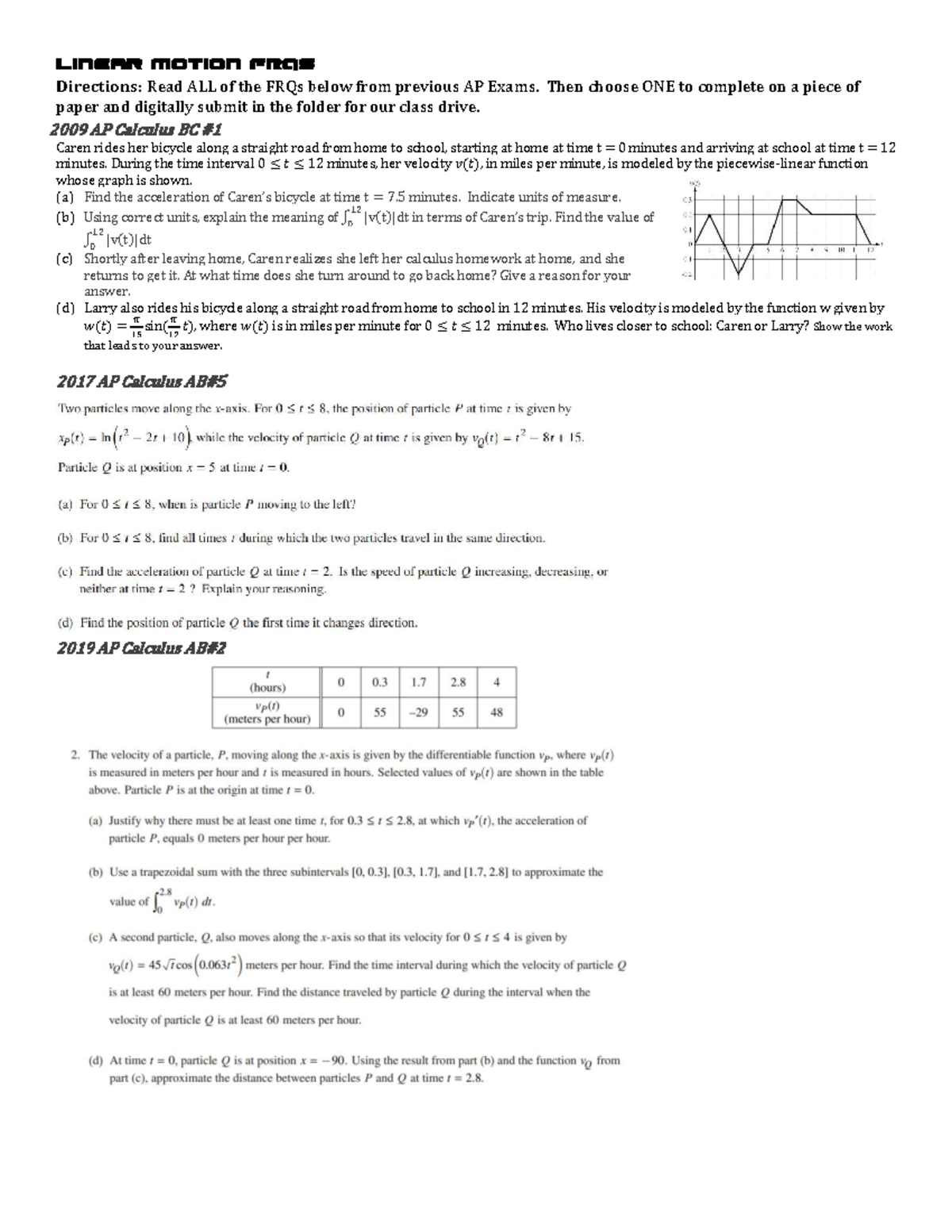 AP Calculus BC: Linear Motion FRQs and Analysis - Studocu