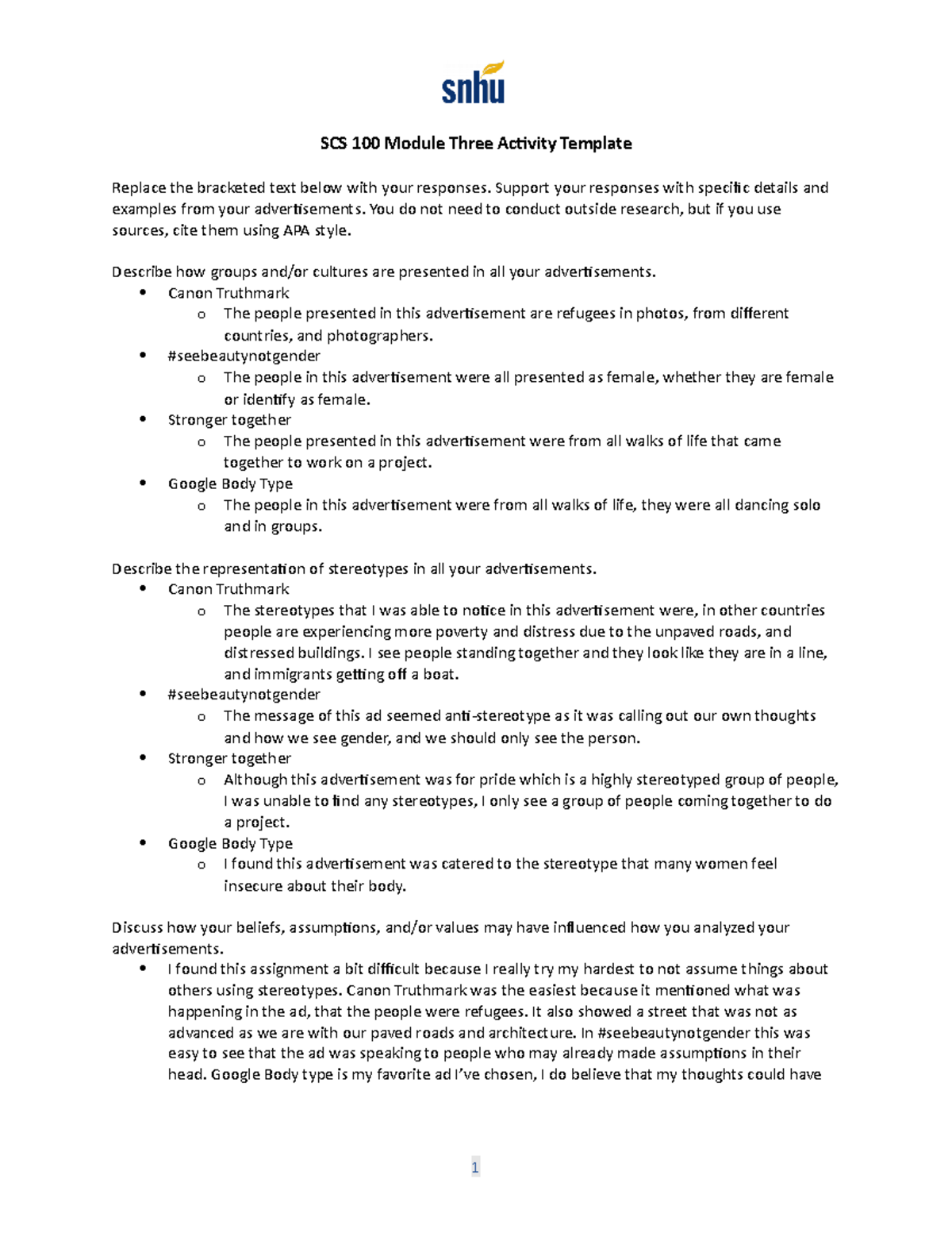 SCS 100 Module Three Activity - Support your responses with specific ...