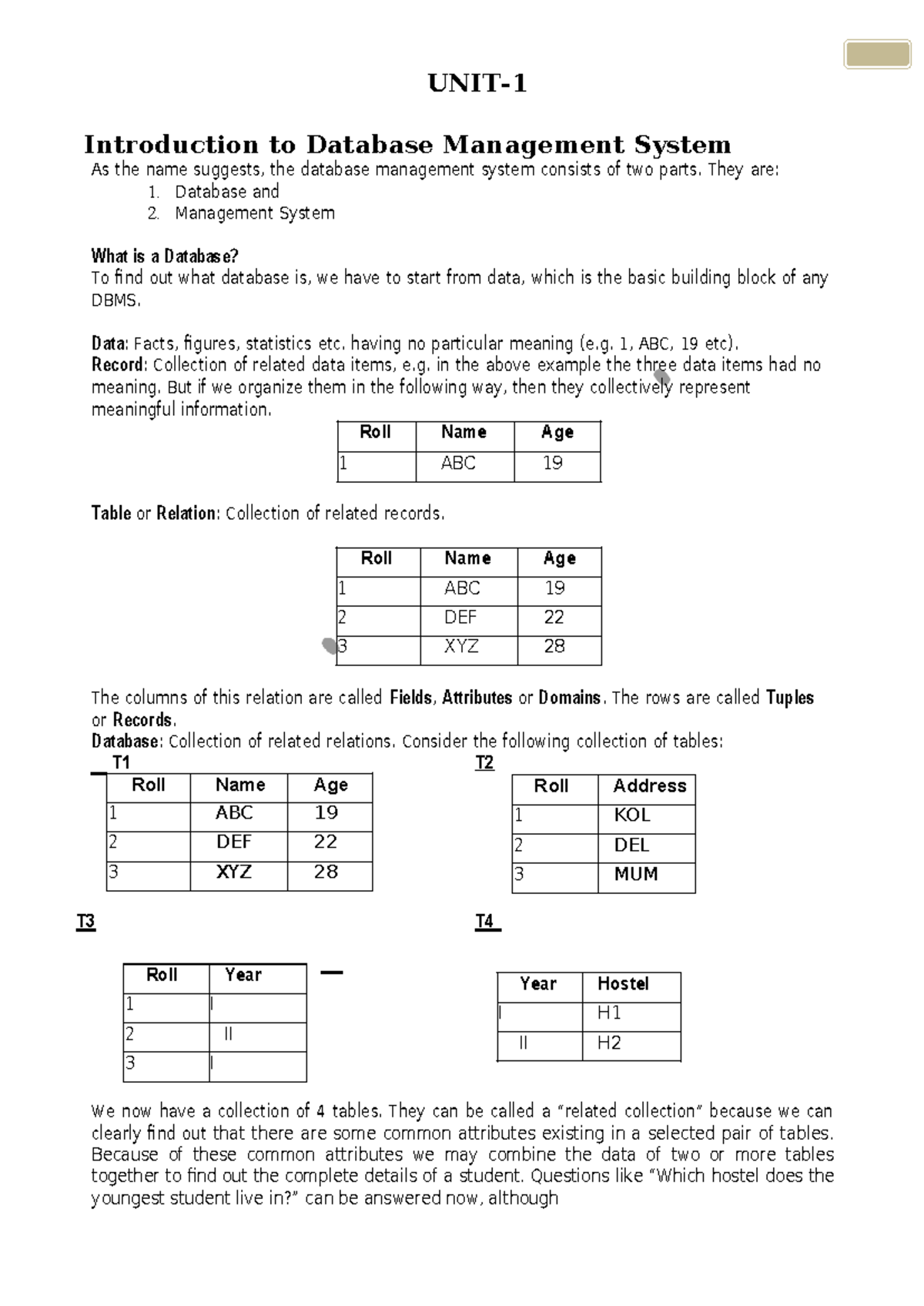 UNIT 1: Introduction to Database Management System (DBMS) - Studocu