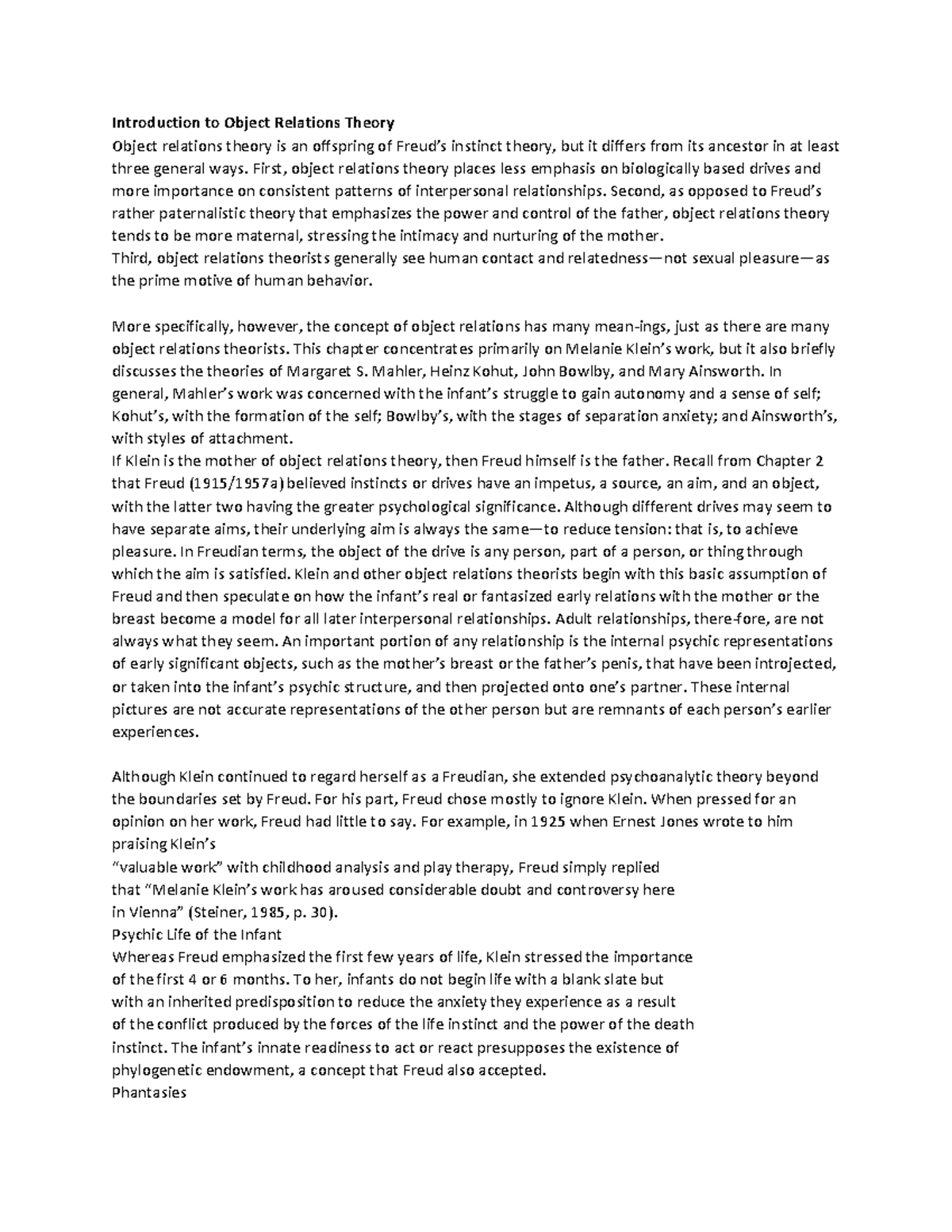 Klein Object Relations Theory - Introduction to Object Relations Theory ...