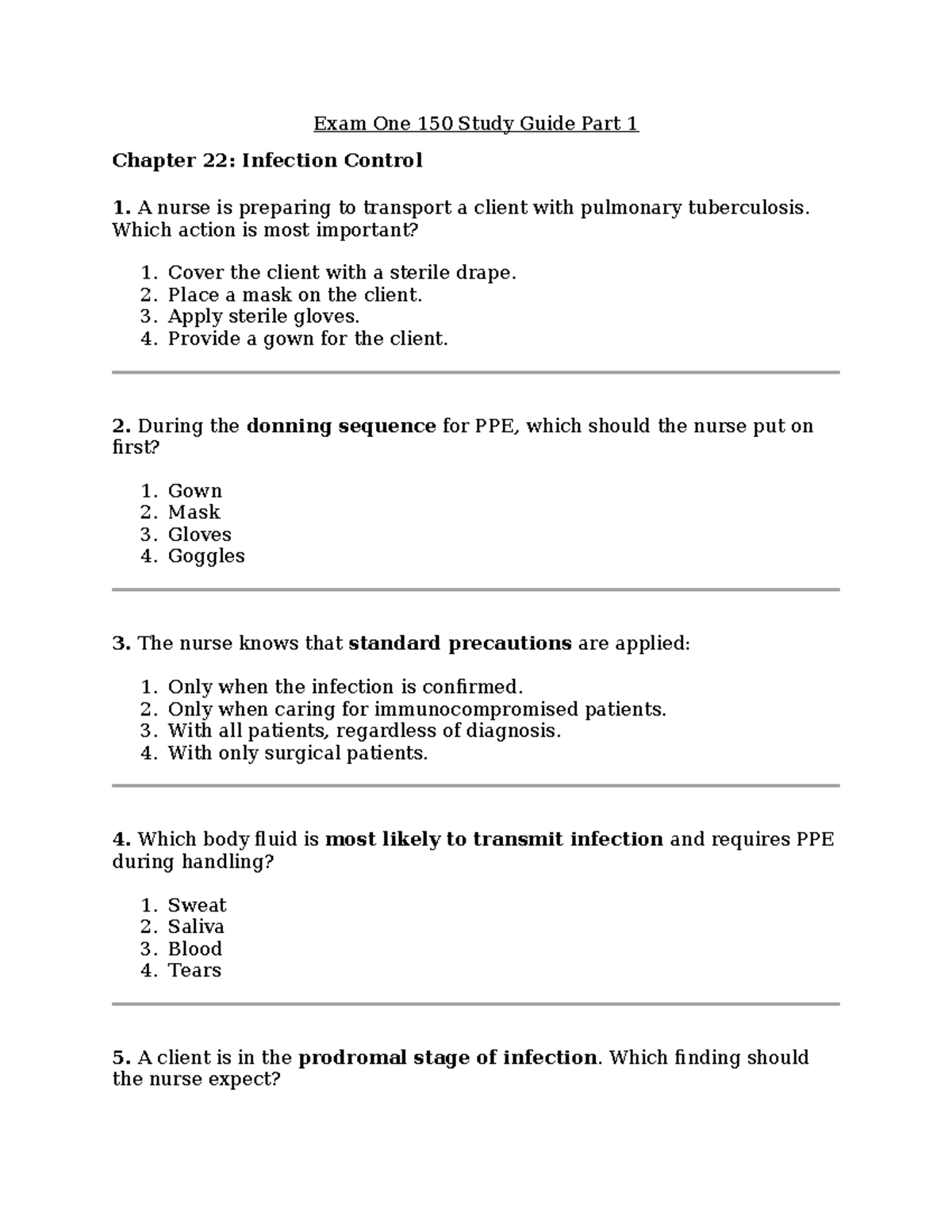 P1 SG Exam 1 NURS 150 - Infection Control & Hygiene Study Guide - Studocu