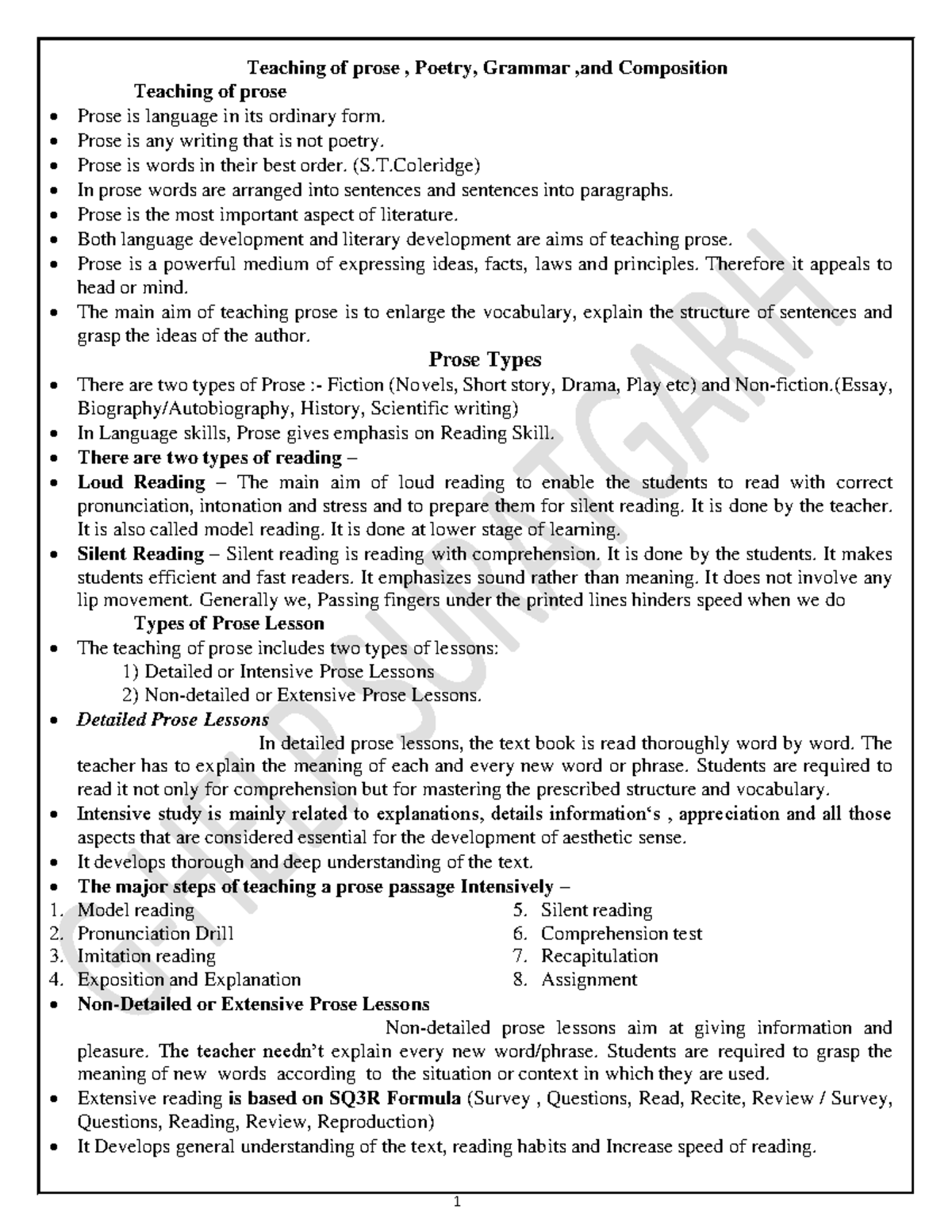 Teaching Prose, Poetry, Grammar, and Composition: Methods & Aims - Studocu