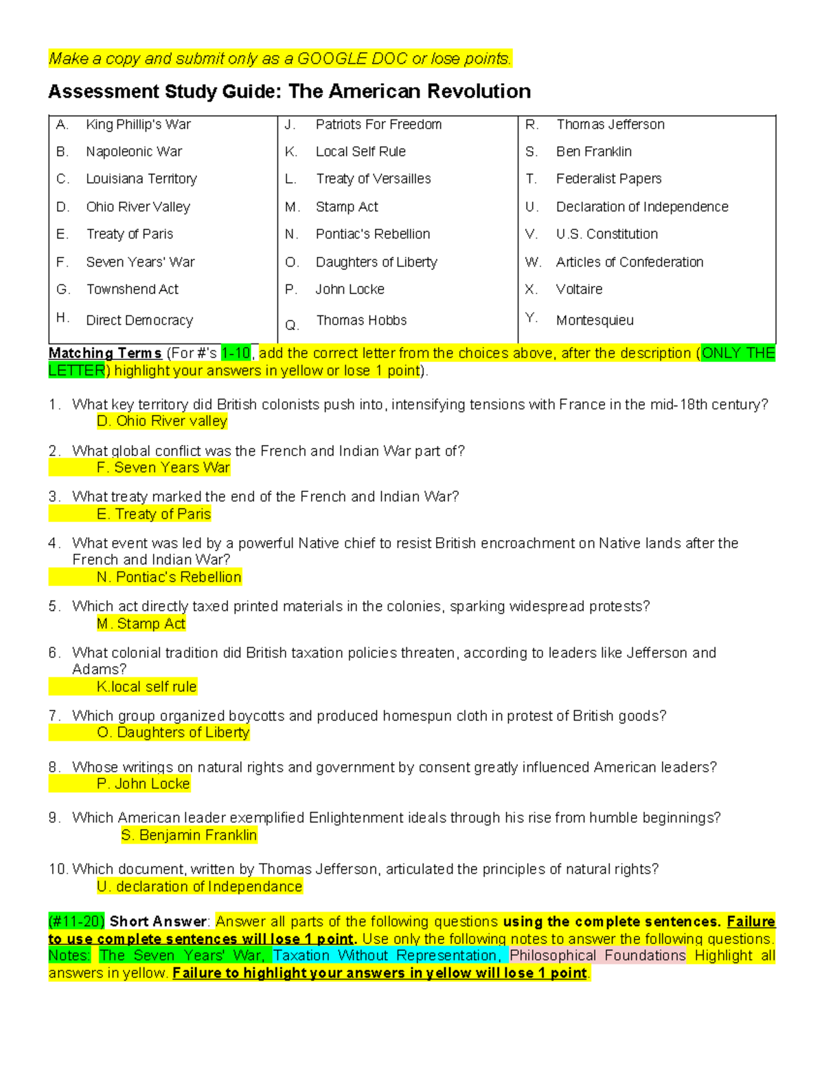 Assessment Study Guide: The American Revolution (HIST 101) - Studocu