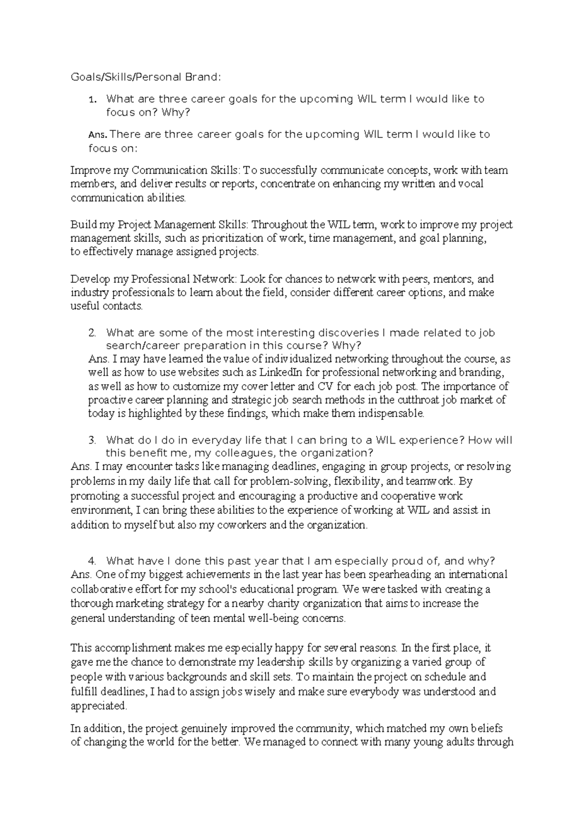 WIL Career Goals & Insights: Networking, Skills, & Achievements - Studocu