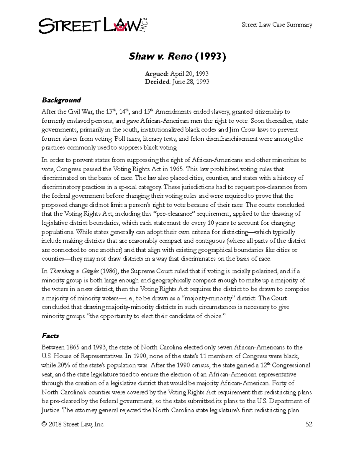 Shaw v. Reno (1993) - Case Summary on Racial Gerrymandering - Studocu