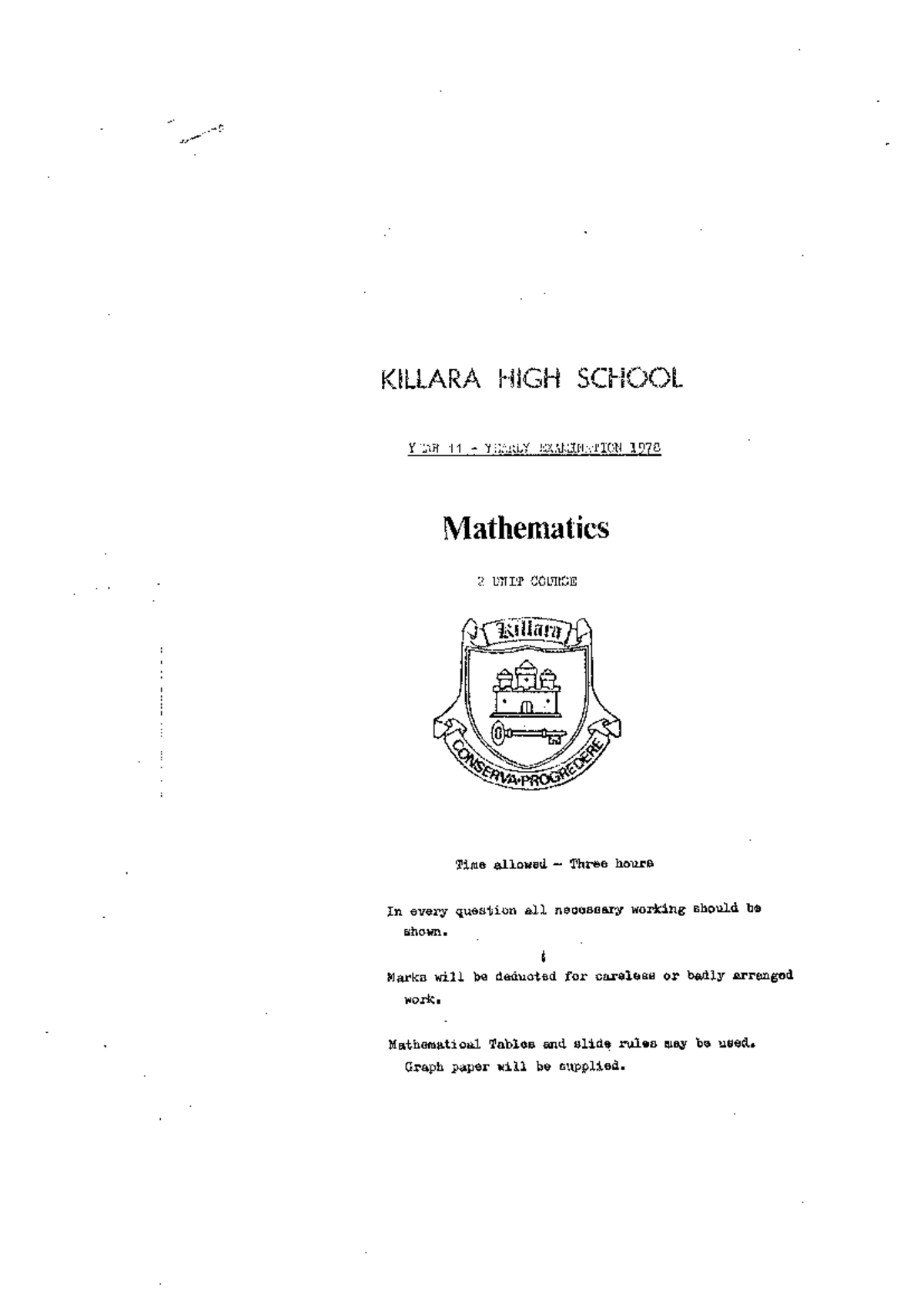 Killara HS Yr 11 2 Unit Mathematics Yearly Exam 1978 - Studocu