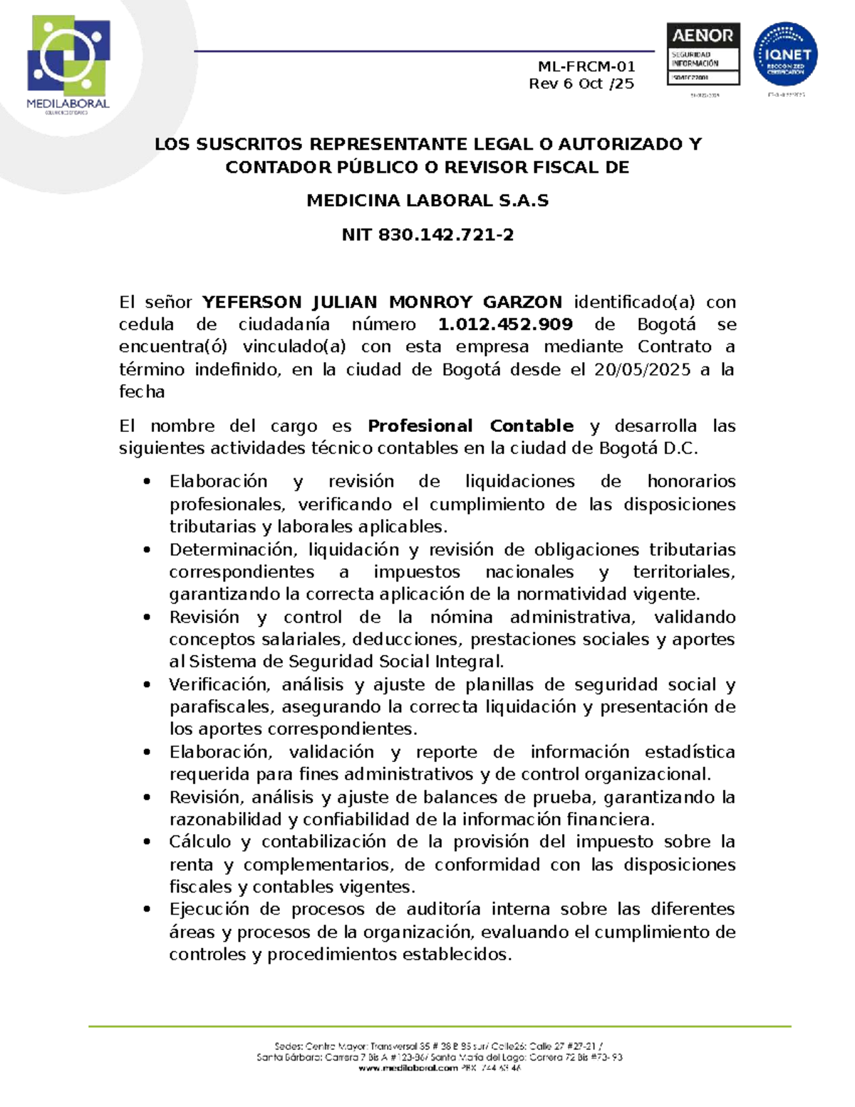 Carta TP: Representante Legal y Contador Público de Medicina Laboral S ...