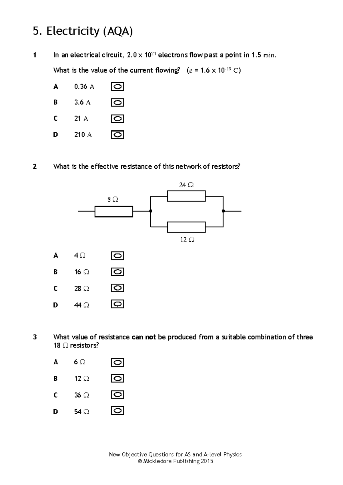 New Objective Questions for AS Physics: Electricity MCQs (AQA) - Studocu