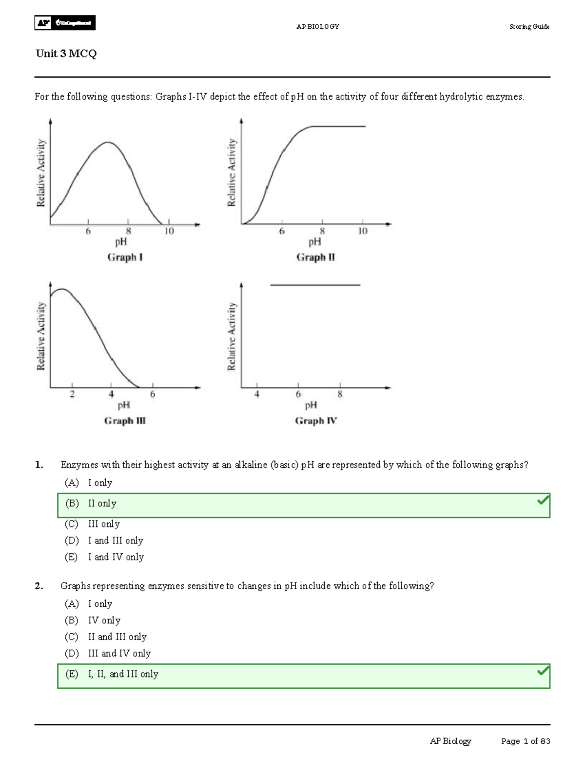 AP BIOLOGY Unit 3 MCQ Scoring Guide with Answers - Studocu