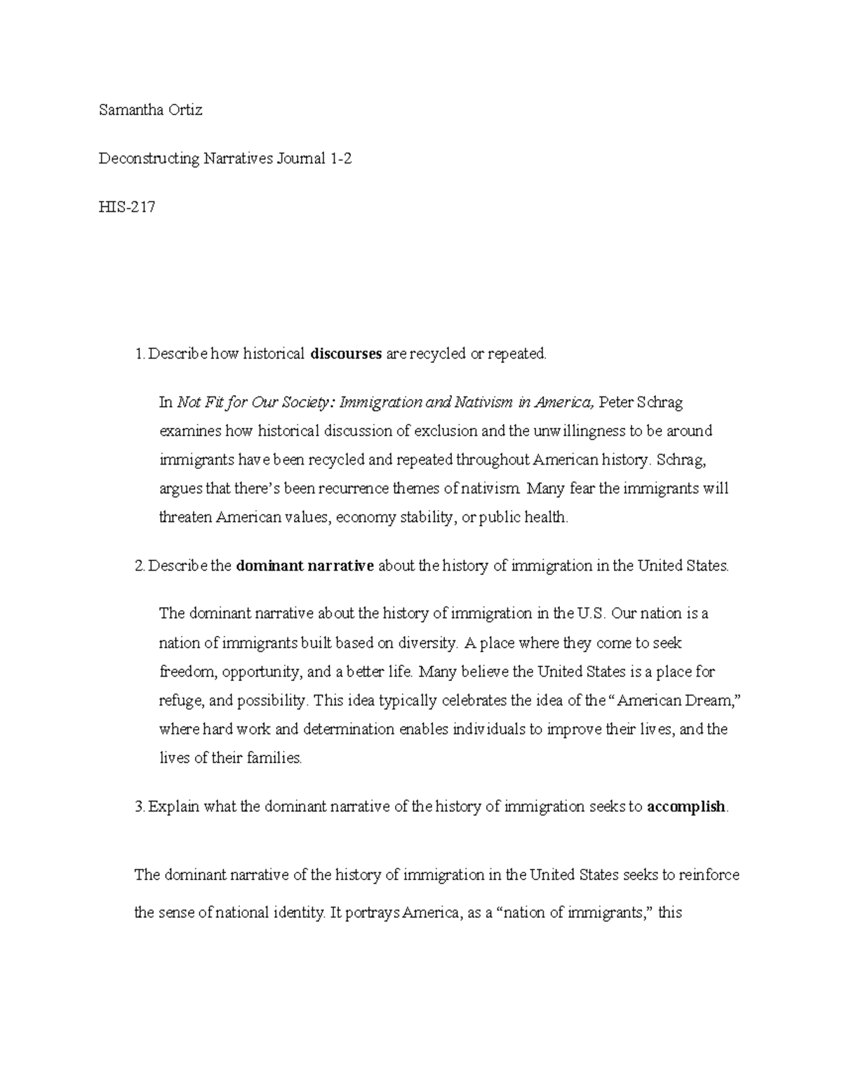 HIS 217 Journal 1-2: Deconstructing Immigration Narratives - Studocu