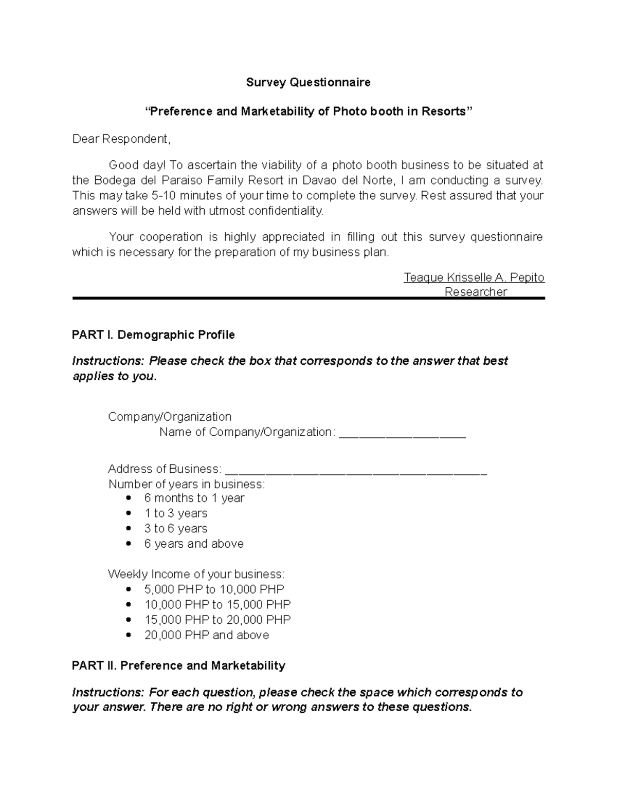 Survey Questionnaire on Photo Booth Marketability by Pepito - Studocu