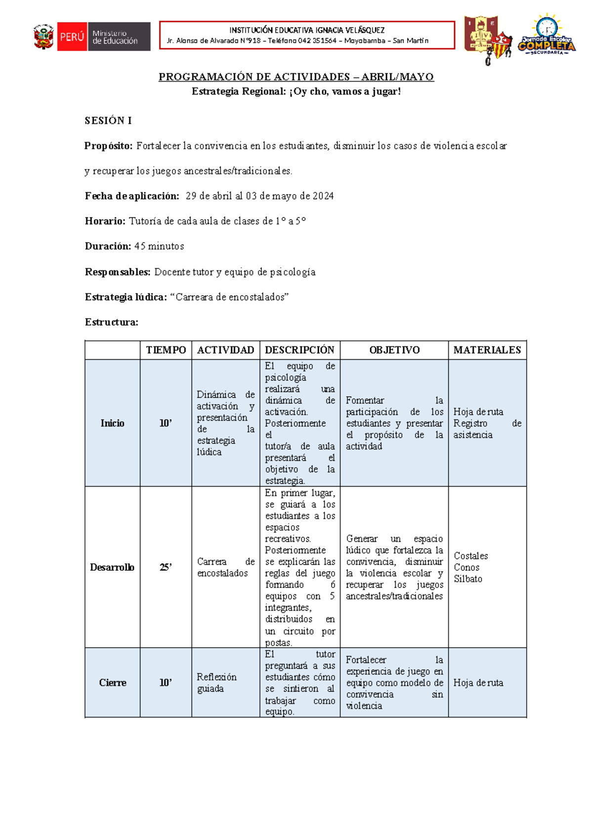 Programación de Actividades de Tutoría - Abr/May 2024 - Estrategia Lúdica - Studocu