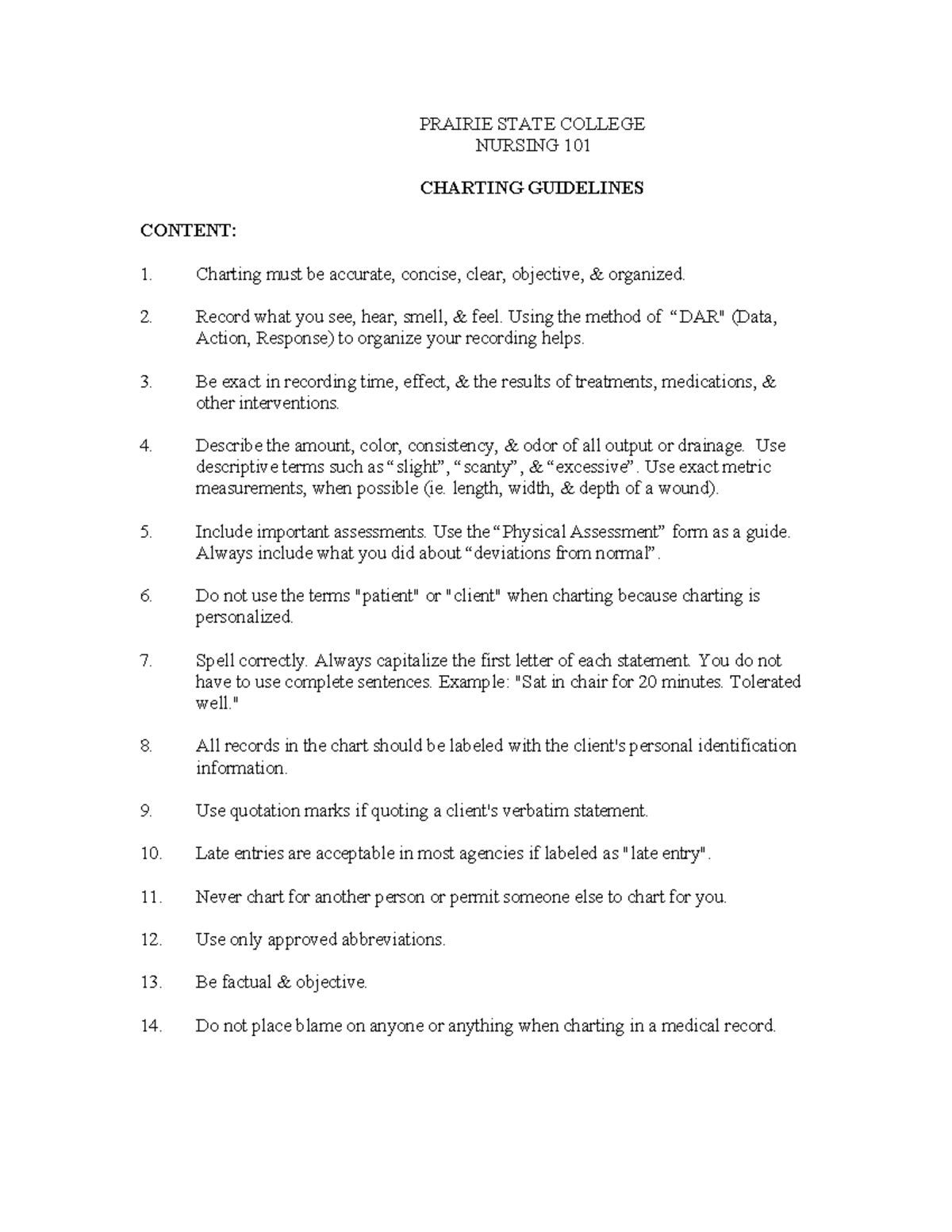 Charting Guidelines - Med surge - PRAIRIE STATE COLLEGE NURSING 101 ...