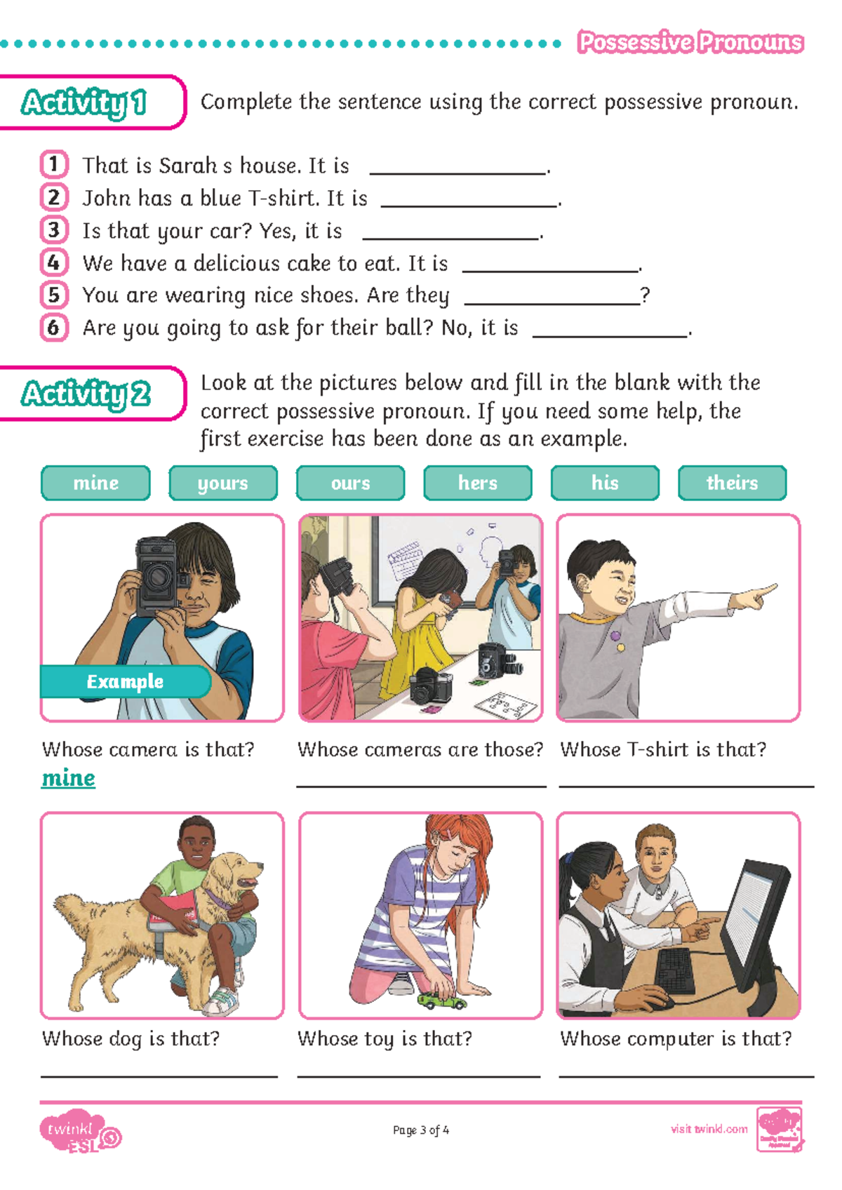 Possessive Pronouns Activity 1 & 2: Fill in the Blanks - Studocu