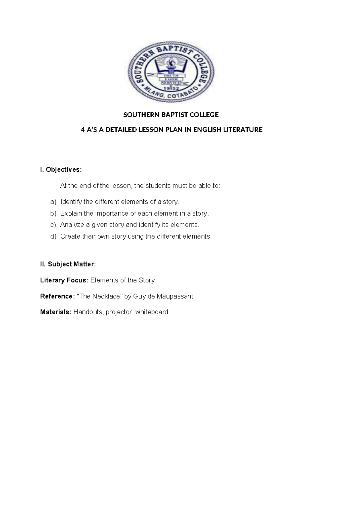 4AS Detailed Lesson Plan: Exploring Story Elements in English ...