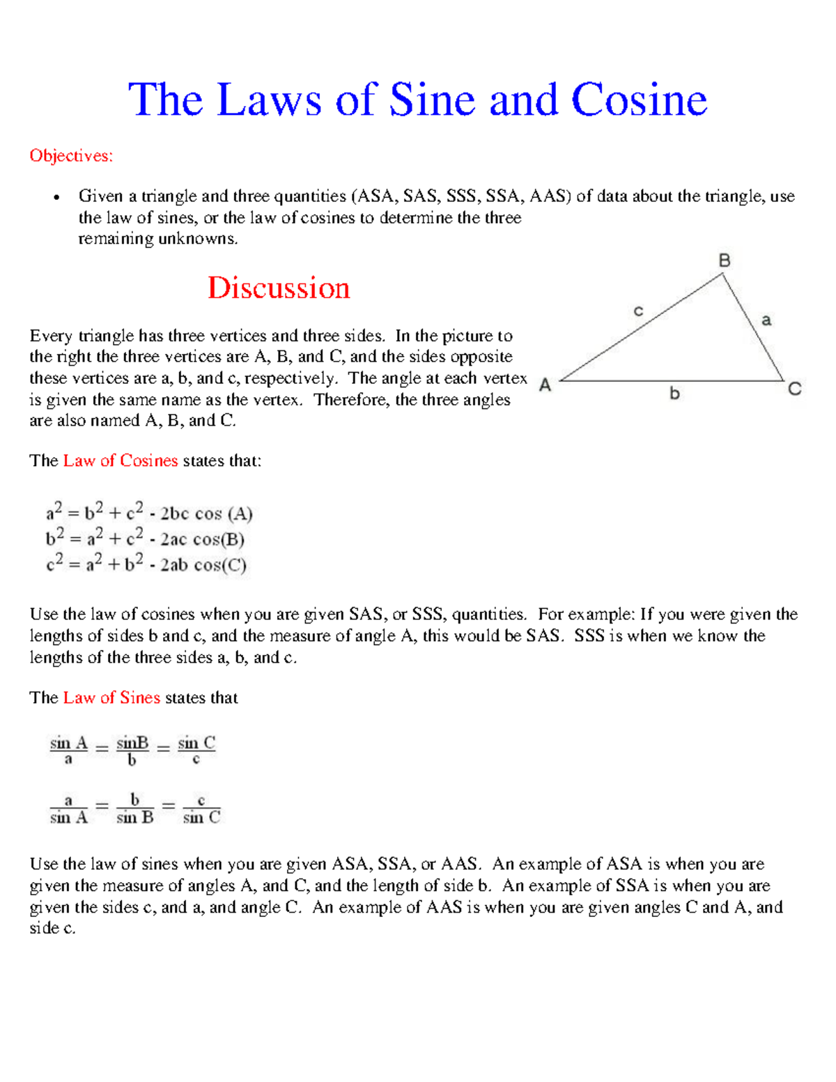 The Laws of Sine and Cosine Handout - The Laws of Sine and Cosine ...
