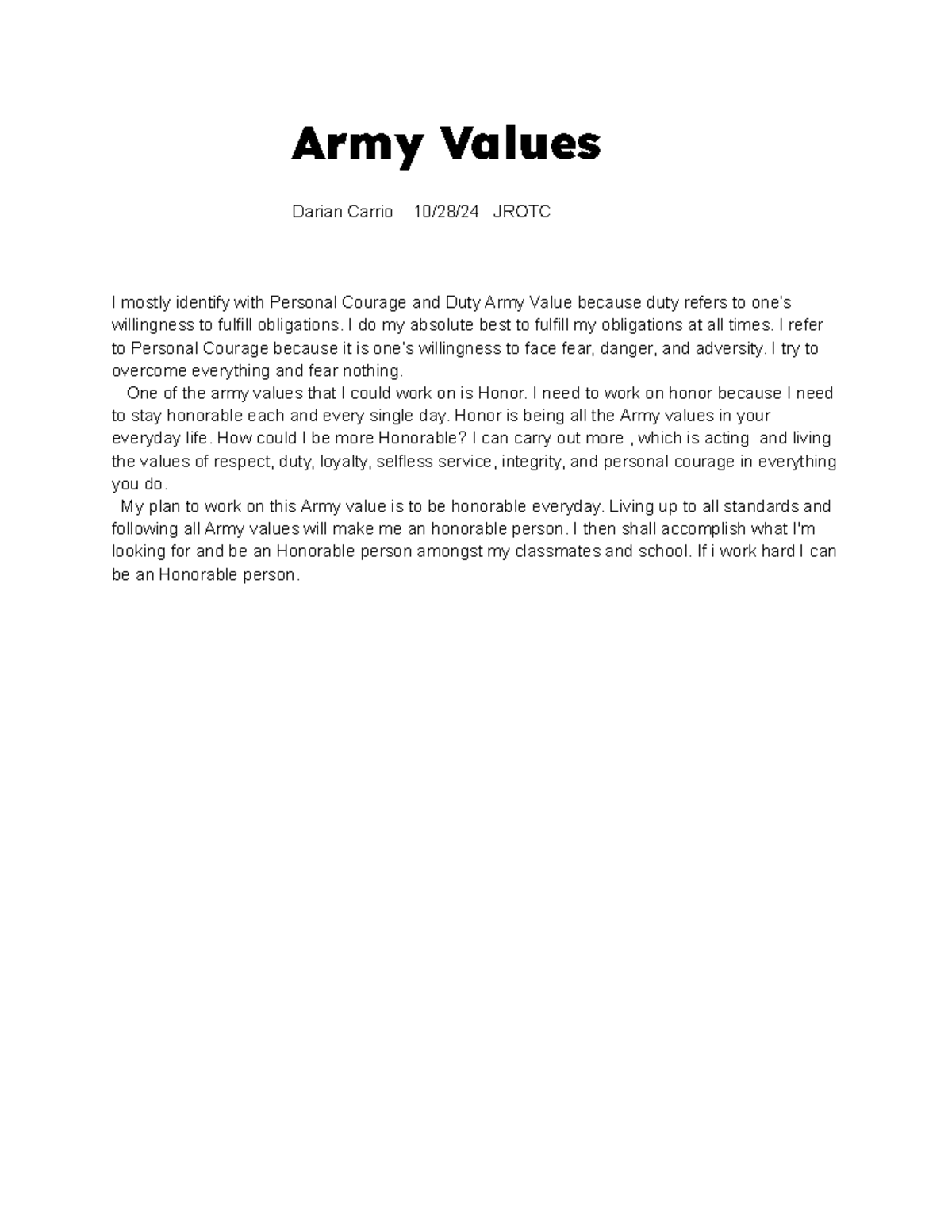 JROTC Essay on Army Values: Duty, Honor, and Personal Courage - Studocu