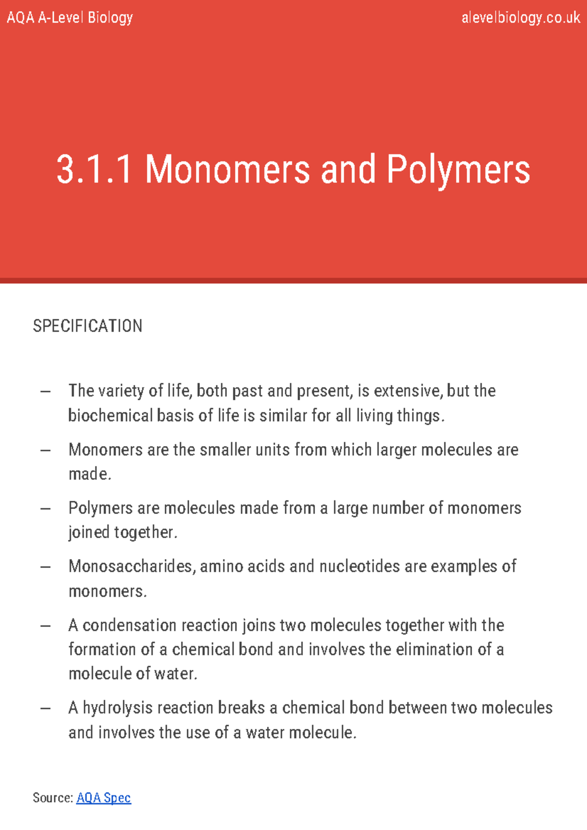 AQA Biology 3.1.1 Monomers and Polymers: Key Concepts and Examples ...