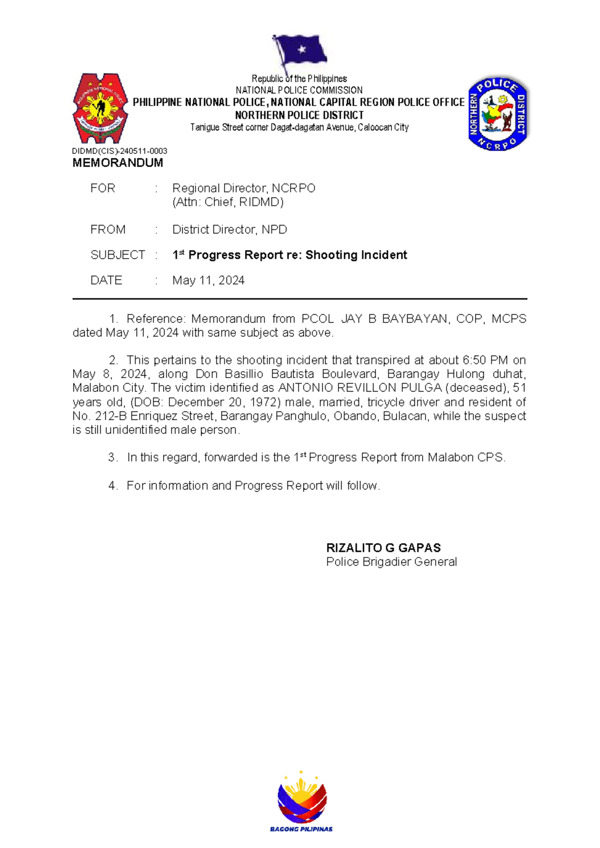 NPD-Memo: 1st Progress Report on Shooting Incident - May 2024 - Studocu