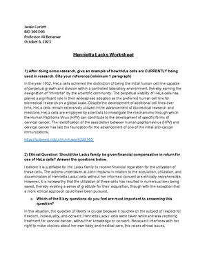 Henrietta Lacks Worksheet: Ethics & HeLa Cells in Research - Studocu