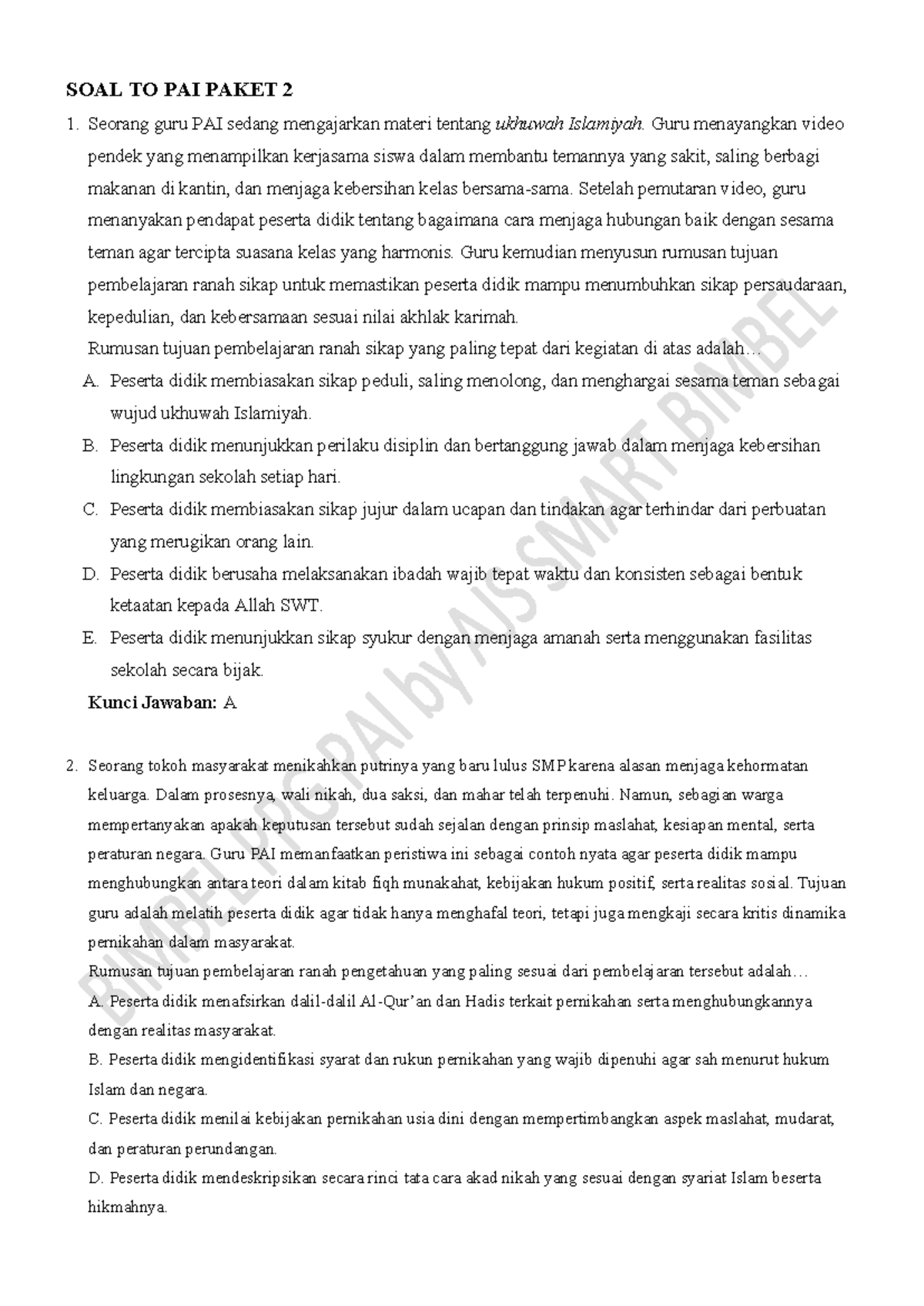 SOAL TO PAI PAKET 2: Pembelajaran dan Evaluasi 2025 - Studocu
