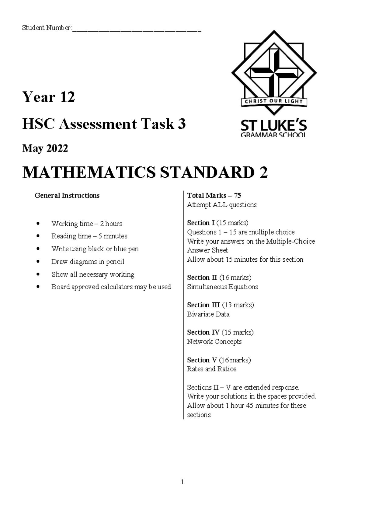 2022 HSC Year 12 Mathematics Standard 2 Assessment Task 3 - Studocu