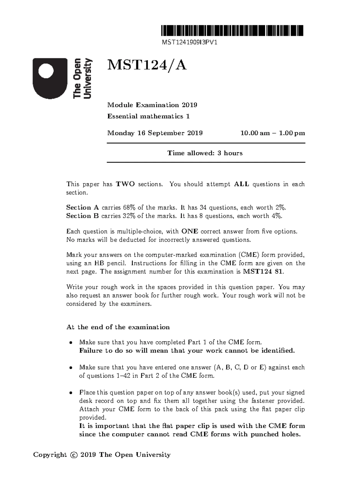 MST124-202211 - MST124 2022 Past Exam - MST1242212L1PV MST Module Examination 2022 Essential ...
