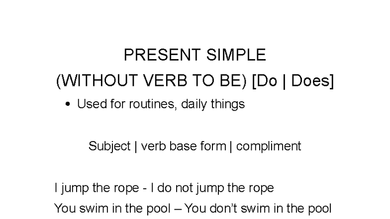 PRESENT SIMPLE (WITHOUT VERB TO BE) - Grammar Notes - Studocu