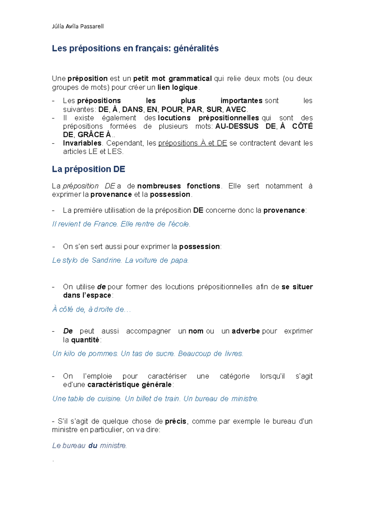 Grammaire française- prépositions , déterminants... - Les prépositions ...