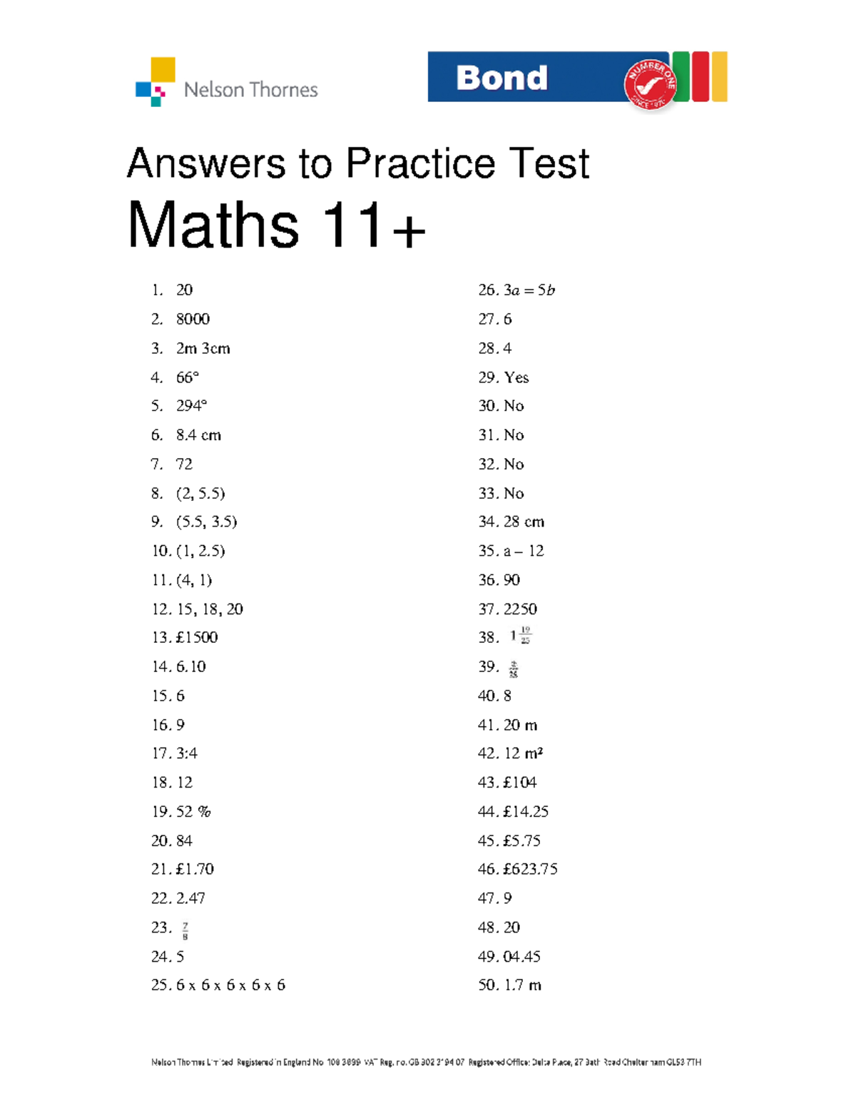 Bond 11 Plus Practice Maths Test 2006 Mark Scheme - English - Answers ...