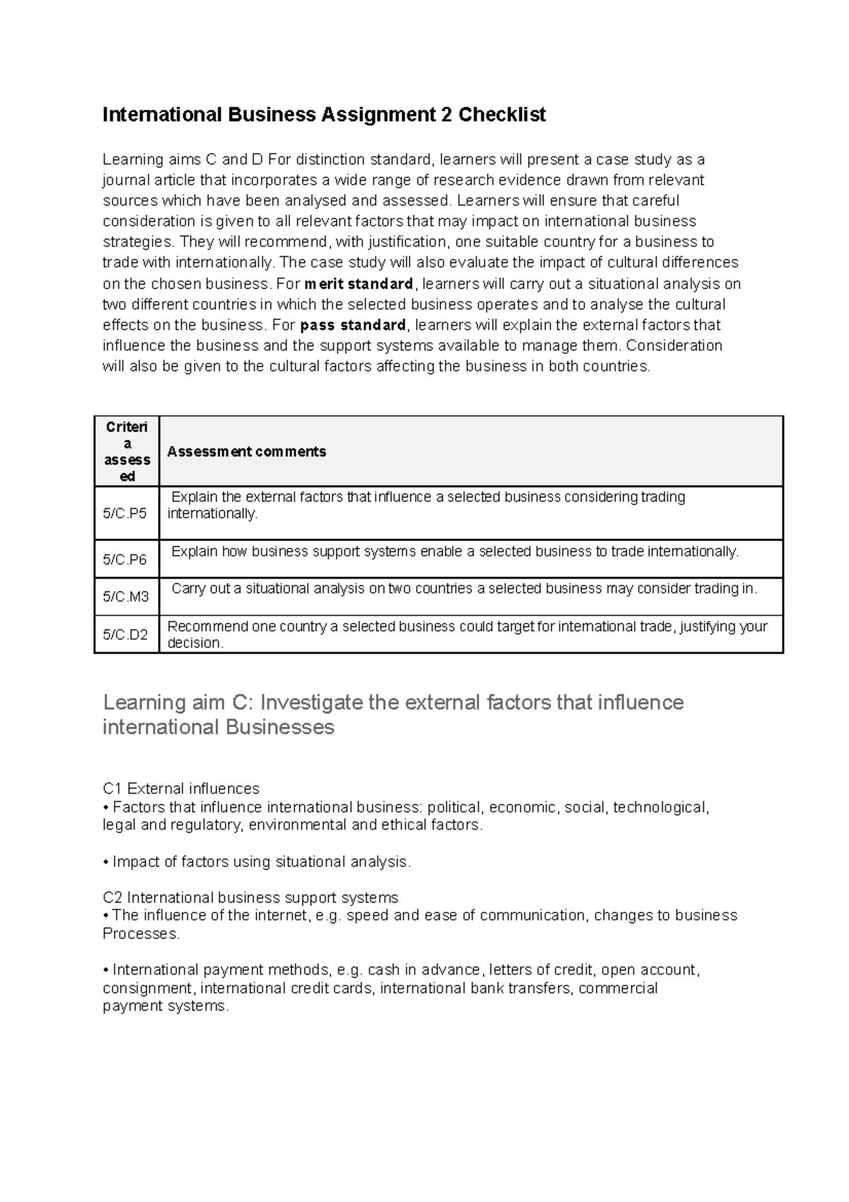 Checklist - International Business Assignment 2 Checklist Learning aims ...