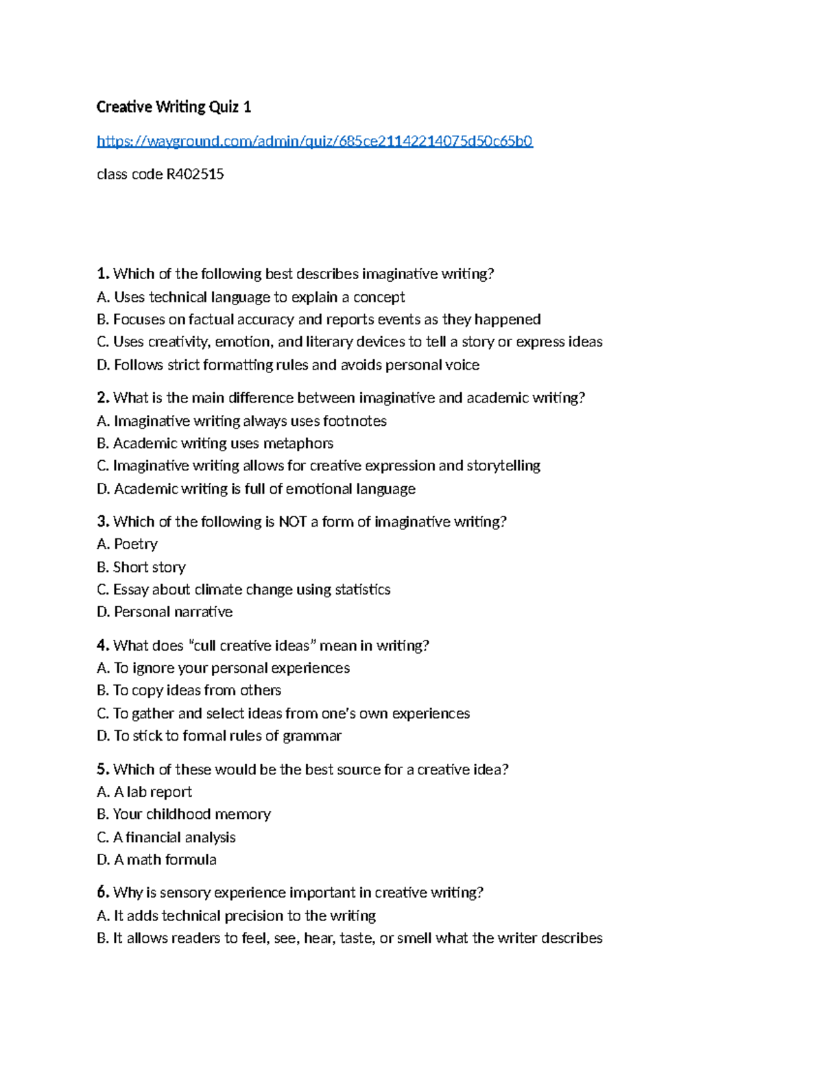 Creative Writing Quiz 1 - R402515 - Studocu