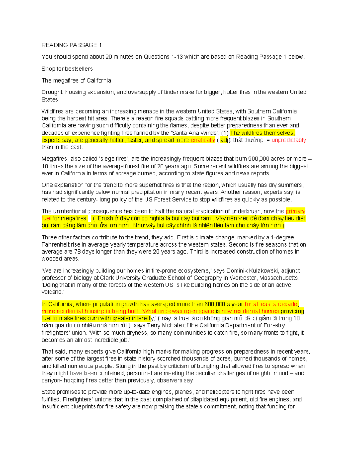 Reading Passage 1: The Increasing Threat of Megafires in California ...
