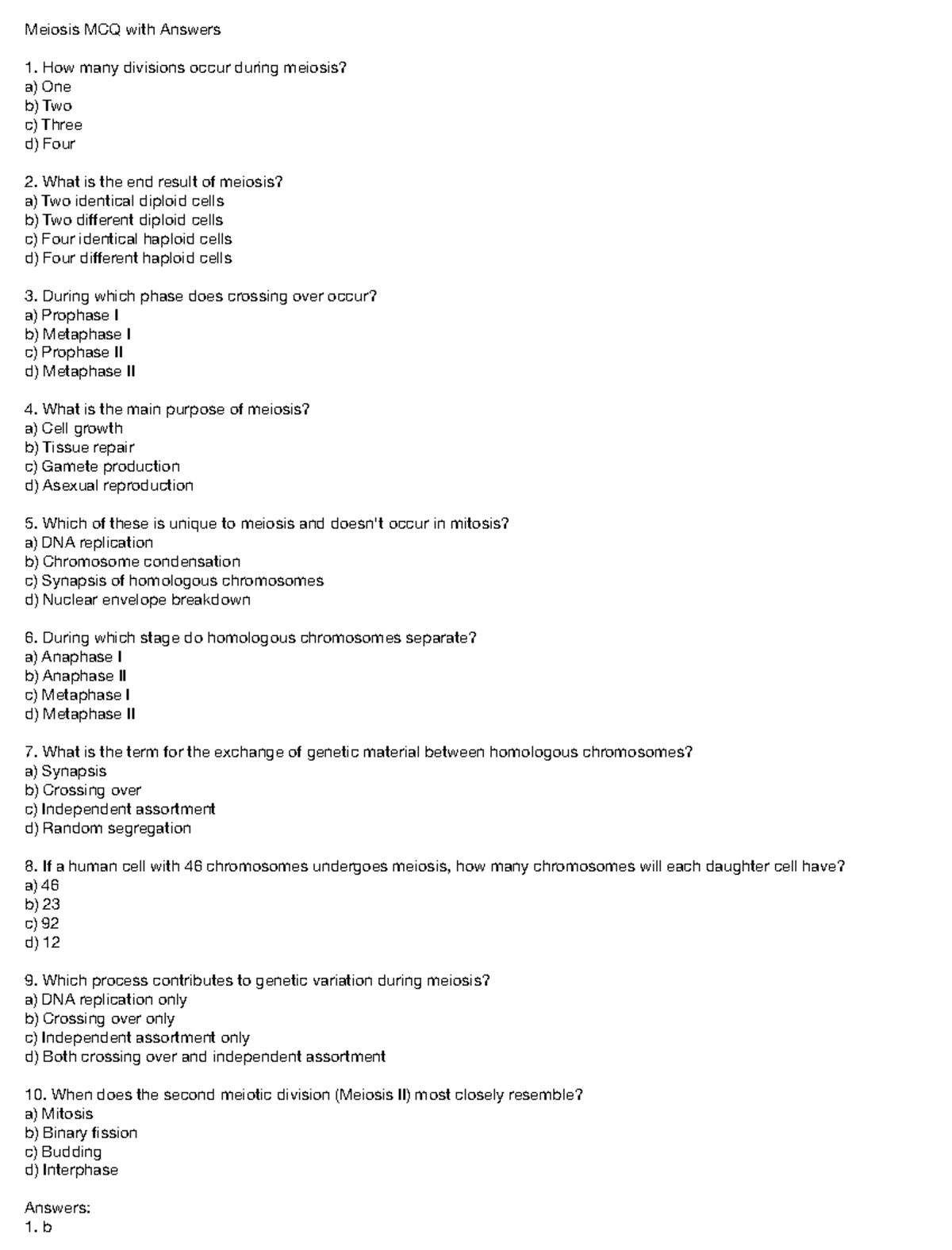 Meiosis MCQ - Studocu