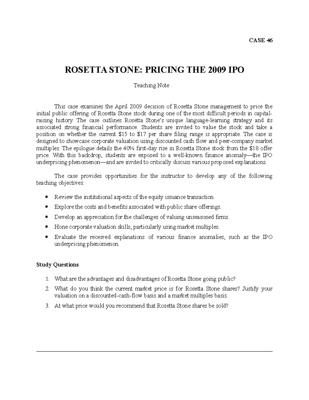 Rosetta Stone Case Study: Analyzing the 2009 IPO Pricing Decision - Studocu