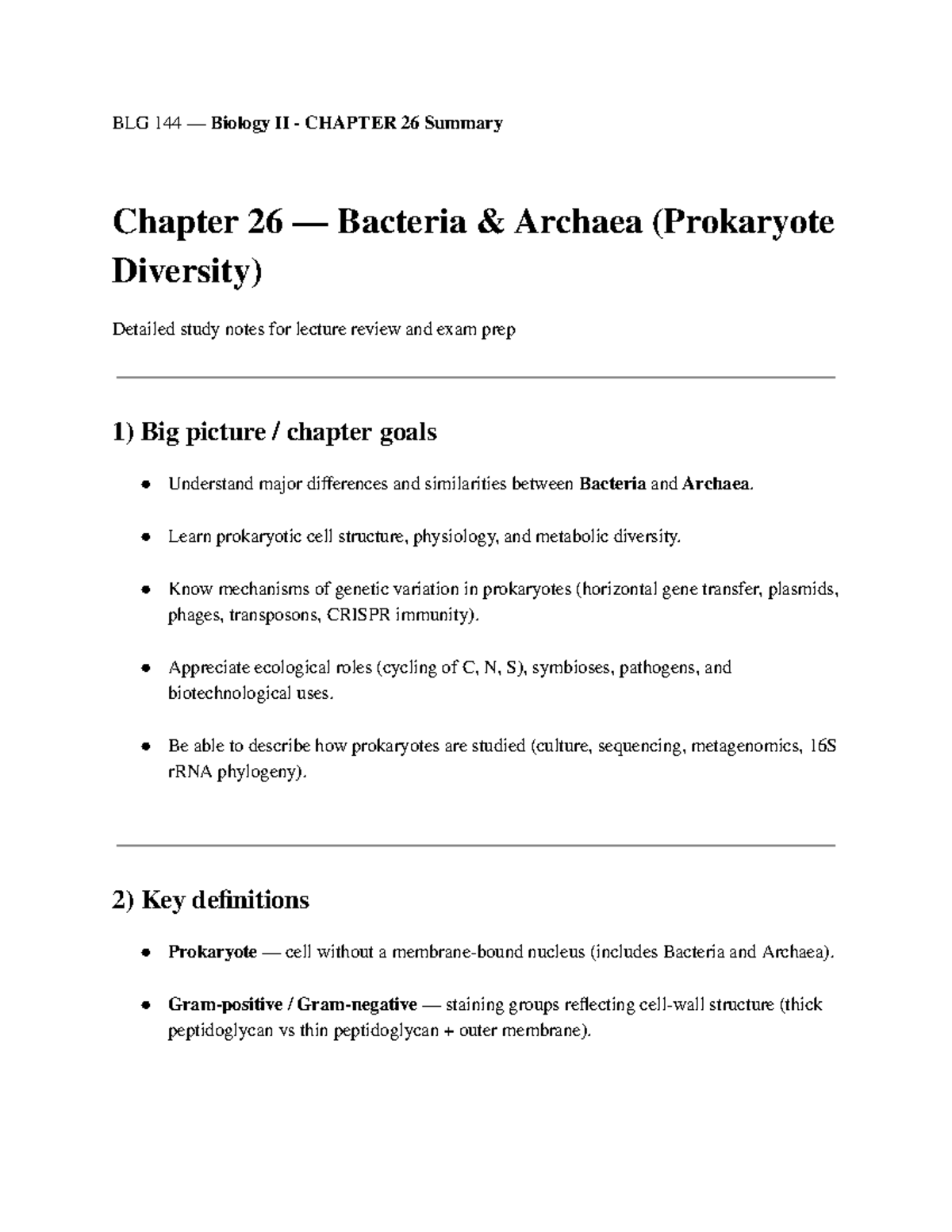 BLG 144 Biology II - Chapter 26: Prokaryote Diversity Summary Notes ...