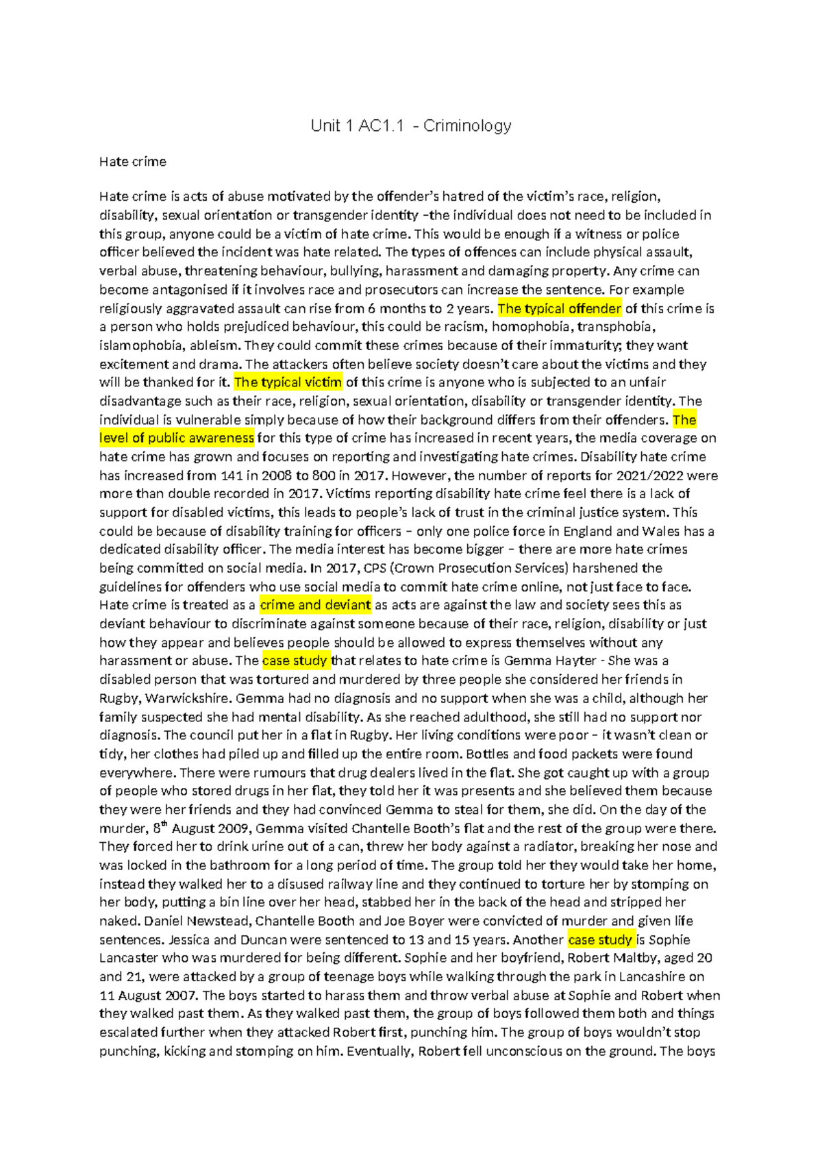 WJEC Criminology Unit 1 - AC1.1 - Overview of Hate Crime - Studocu