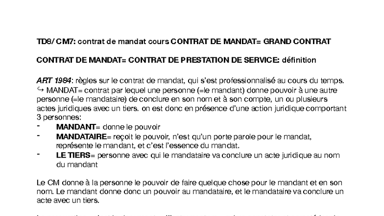 CM7: Contrat de Mandat - Règles et Obligations en Droit Français - Studocu